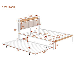 Full Size Platform Bed with Trundle, Metal Full Platform Bed Frame with Upholstered Headboard, Sockets, USB Ports and Slat Support, No Box Spring Needed, White