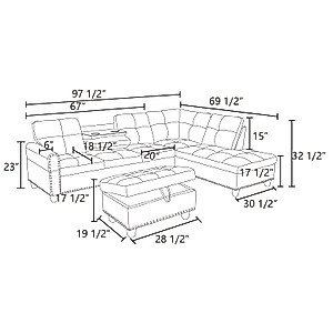 LOPOO 2PCS Sectional Sofa with Right Armrest and Chaise Lounge, 97-in Faux Leather L-Shaped Couch, Foldable Drop Table & Cup Holders & 2 Pillows, 105° Recliners, Nailhead Trim Living Room Sets, White