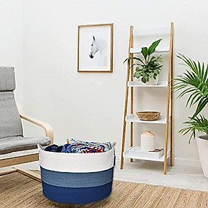 COMSE Extra Large Blanket Basket, Storage Basket, Laundry Basket, 21.7”x 13.8”, Laundry Hamper, Cotton Rope Basket, Blanket Basket Living Room, Toy Basket (White & Cadet Blue & Navy Blue)