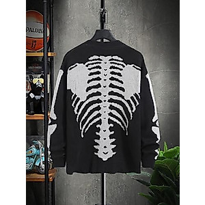 SHENHE Men's Skeleton Print Long Sleeve Cardigan Sweaters V Neck Button Down Outwear Coats Black L