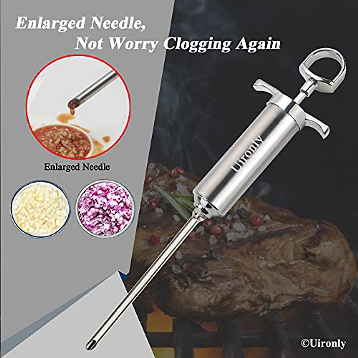 Uironly Meat Injector,Turkey Seasoning Injection Kit with 3 Professional Marinade Injector Needles for Grill Smoker BBQ Brisket; Include User Manual, E-Book - Storage Case