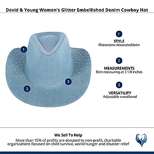 David & Young Women's Glitter Embellished Denim Cowboy Hat, Denim