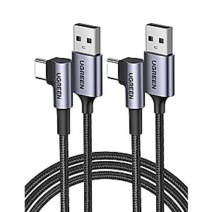 UGREEN USB C Charging Cable, 2-Pack Right Angle 3A Fast Charge QC3.0 USB A to USB C Cable, Nylon Braided Cord Compatible with Galaxy S10/S10+, iPad Mini 6, Pixel 7, Switch, etc. 6.6FT