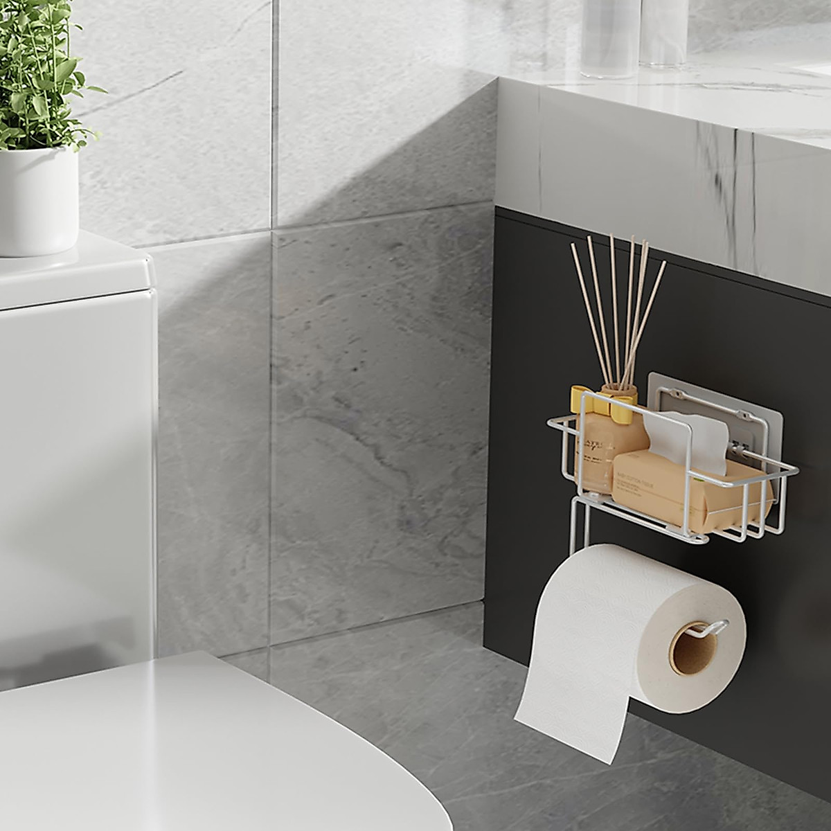 X-cosrack Toilet Paper Holder with Shelf, Wall Mount/Adhesive Matte White Toilet Paper Holder, Wipes Dispenser for Bathroom, Metal Bathroom Toilet Paper Holder for Kitchen, Bedroom