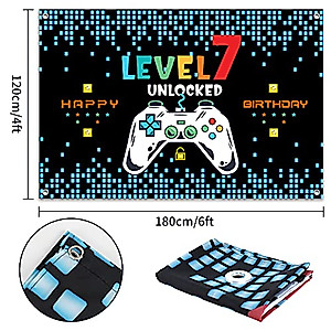 HAMIGAR 6x4ft Happy 7th Birthday Baner Backdrop - Level 7 Unlocked Birthday Decorations Party Supplies for Boys - Blue