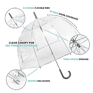 totes Women's Clear Bubble Umbrella – Transparent Dome Coverage – Large Windproof and Rainproof Canopy – Ideal for Weddings, Proms or Everyday Protection, Clear