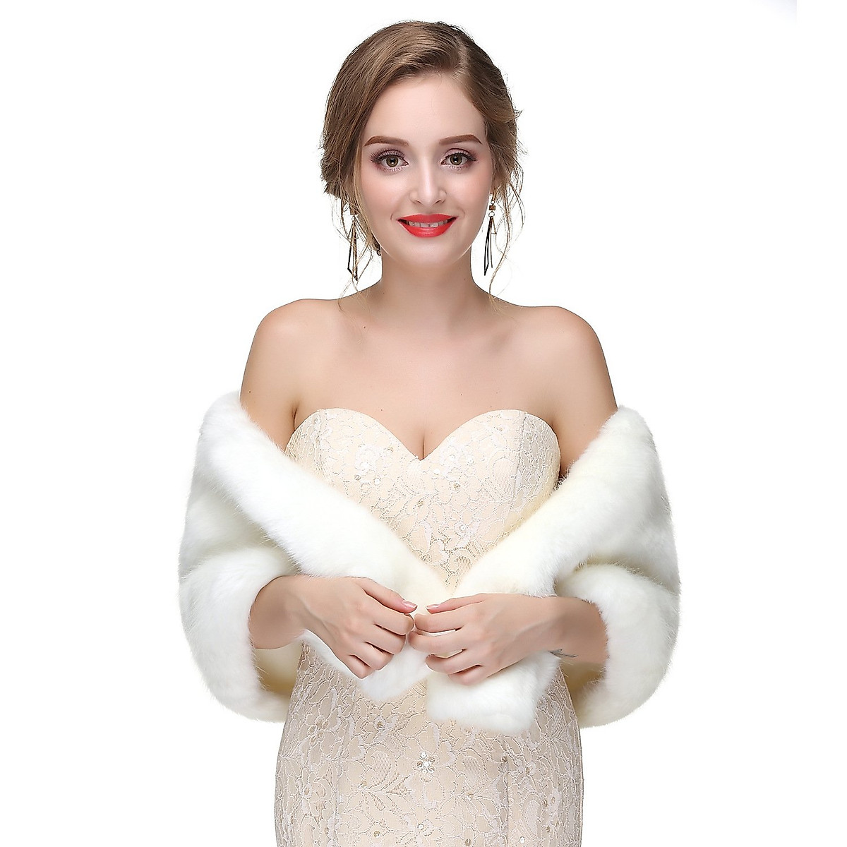 CanB Women's 1920s Faux Fur Shawl Bridal Wedding Fur Wraps and Bolero Shrug Faux Mink Stole for Women (White)