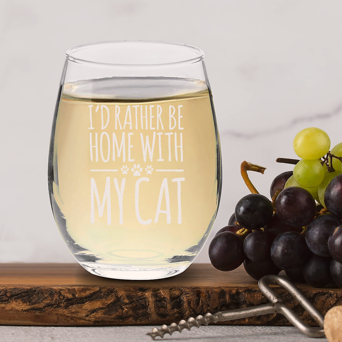 Veracco I'd Rather Be Home With My Cat Stemless Wine Glass Funny Birthday For Cat Mom Crazy Cat Lady Animal Lover Rescue Mom (Clear, Glass)