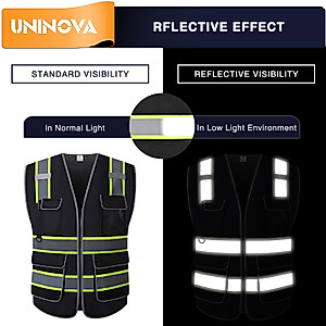 UNINOVA High Visibility Safety Vest - Multi Pockets Reflective Mesh Breathable Workwear, ANSI/ISEA Standards (Large, Black Mesh-02)