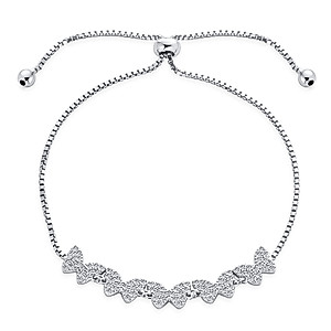 Elegant Modern Dainty Cubic Zirconia Micro Pave CZ Five Butterfly Slide Bolo Bracelet For Women Teens .925 Sterling Silver Adjustable Sliding Ball Clasp Bracelet
