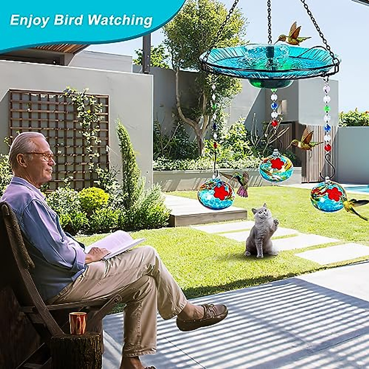 Headak Life Hummingbird Feeder and Bird Bath for Outdoors 2-in-1 for Small Birds - Hummingbird Bath Fountain with 3 Red Feeder Pots - Hanging Solar Bird Bath Fountains