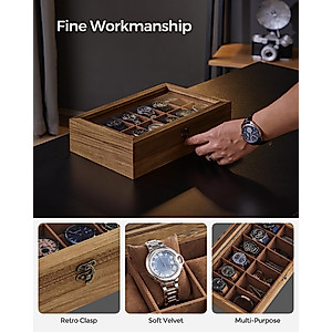 SONGMICS Watch Box, 12-Slot Watch Case, Solid Wood Watch Box Organizer with Glass Lid, Watch Display Case with Removable Pillows, Gift for Loved Ones, Rustic Walnut UJOW120K01