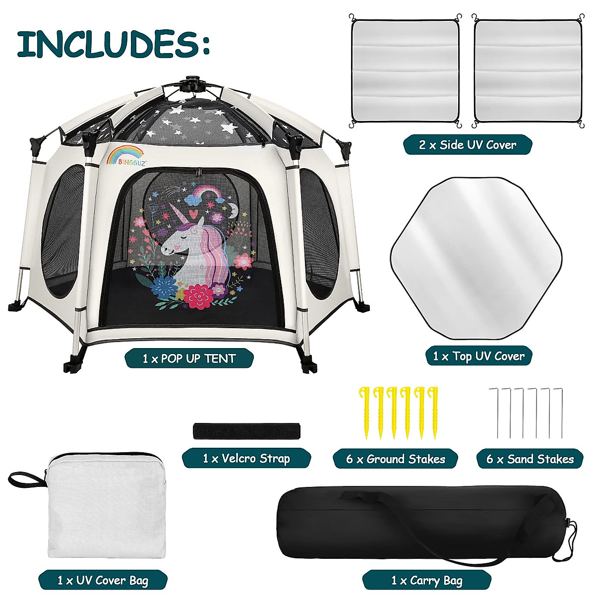 Baby Playpen for Babies and Toddlers, Indoor & Outdoor Portable Play Yard for Baby, Foldable Baby Beach Tent with Canopy and Travel Bag - Beige