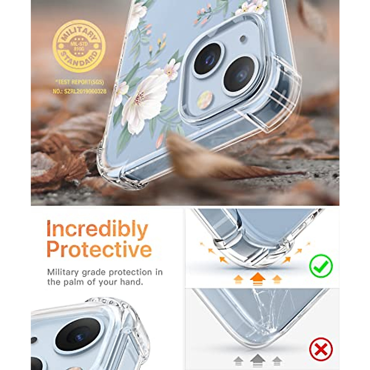 GVIEWIN Compatible with iPhone 14 Case with Screen Protector + Camera Lens Protector, Soft Shockproof Clear Floral Phone Protective Cover for Women, Flower Pattern Design 6.1" (Magnolia/White)