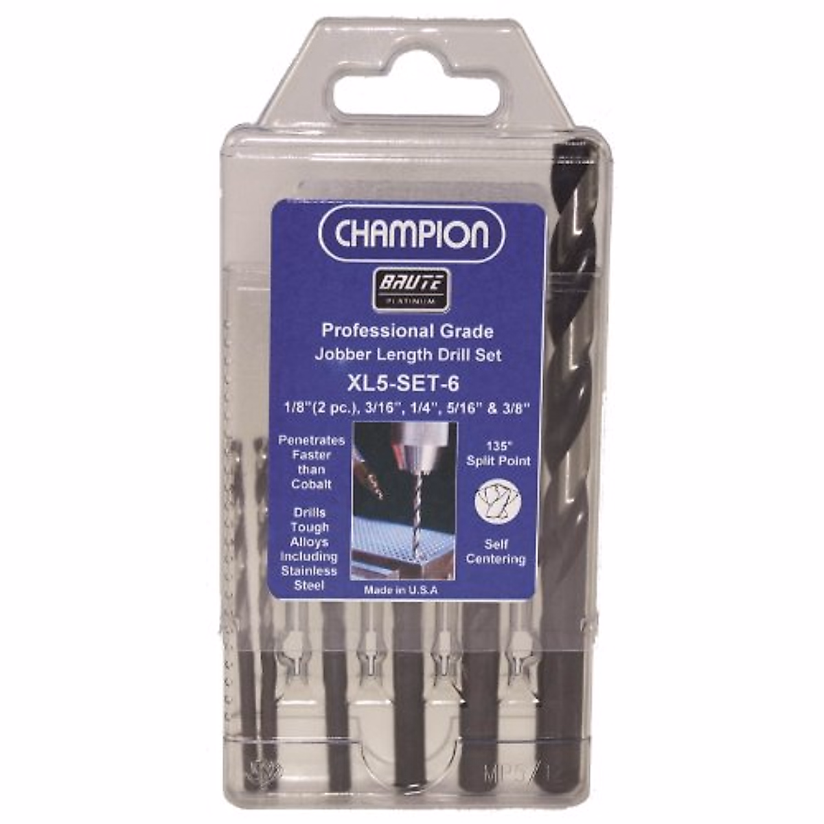 Champion Cutting Tool XL5-SET-6 Brute Platinum Jobber Length Twist Drill Set, 6-Piece