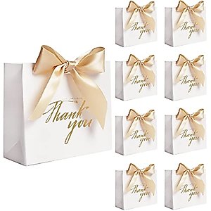 DECHISY 24Pack Small Thank You Gift Bag Party Favor Bags Treat Boxes with Gold Bow Ribbon, White Paper Gift Bags Bulk for Wedding Baby Shower Business Party Supplies