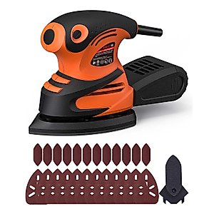 DWT Detail Sander, 1.5A 15000 OPM Electric Sander with 24pcs Sandpapers, Efficient Dust Collection System & Detail Finger Attachment, Soft Grip Handle, Compact Hand Sander for Woodworking
