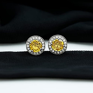 Lab Created Yellow Sapphire and Diamond Halo Stud Earrings | 2.50 Cttw | AAAA Quality, 14K White Gold