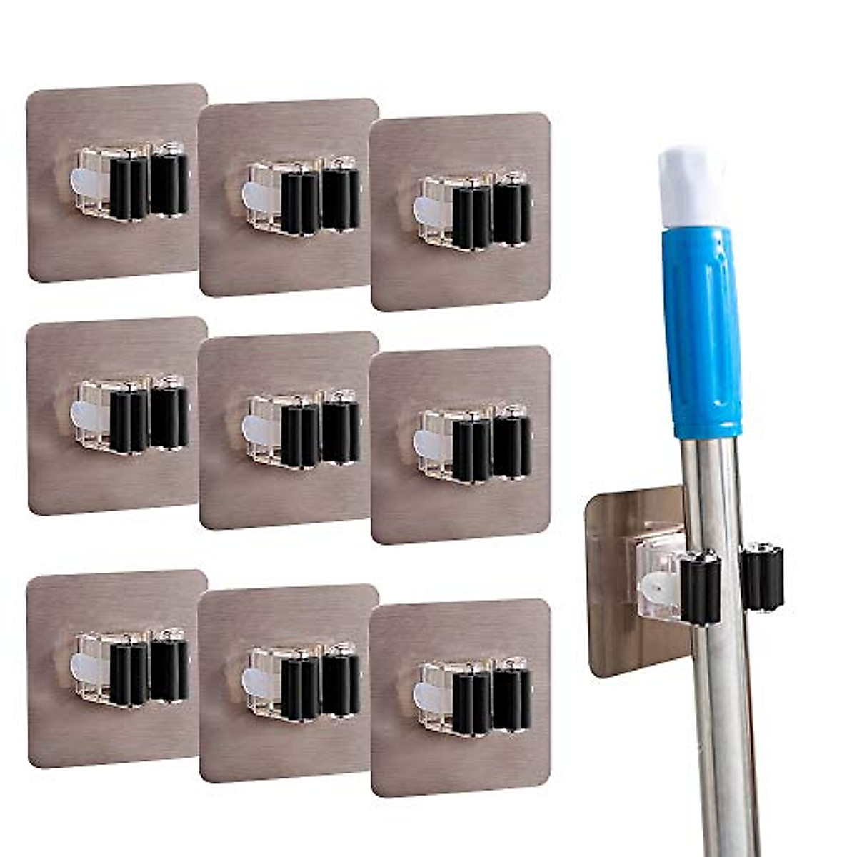 10Pcs Mop Broom Holder Clip, Self Adhesive Wall Mounted Broom Grippers, Great adhesion Anti-Slip Storage Rack for Kitchen, Garden, Garage, Bathroom, Office