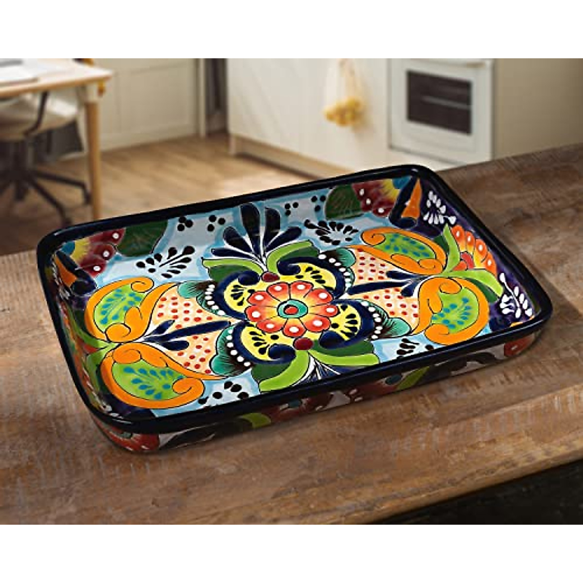 Enchanted Talavera Pottery Mexican Hand Painted Ceramic Rectangle Serving Platter Dish Appetizer Plate Tray Food Mexican Floral Pattern Thanksgiving Holiday Party Fiesta (Large 13.2 x 9 x 2, Multi)