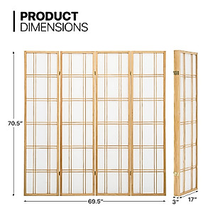 MoNiBloom Oriental Room Dividers and Folding Privacy Screens 5.7ft Shoji Room Divider Double Cross Folding Partition Freestanding Wood Wall Dividers with 4 Panel for Office Changing Room, Natural