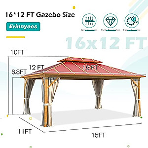 Erinnyees 12' x 16' Wood Grain Hardtop Gazebo, Outdoor Aluminum Composite Double Roof with Privacy Curtain and Mosquito Net for Patio, Lawn, Garden, Deck(Wood Looking, Wine Red)