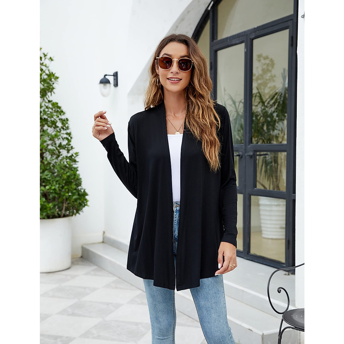 Newchoice Women's Casual Lightweight Cardigans Long Sleeve Soft Drape Open Front Black Dusters (Black, XL)