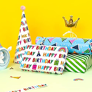 WRAPAHOLIC Birthday Wrapping Paper Roll - Mini Roll - 3 Rolls - 17 Inch X 120 Inch Per Roll - Happy Birthday Lettering and Stripe for Kid's Birthday, Baby Shower