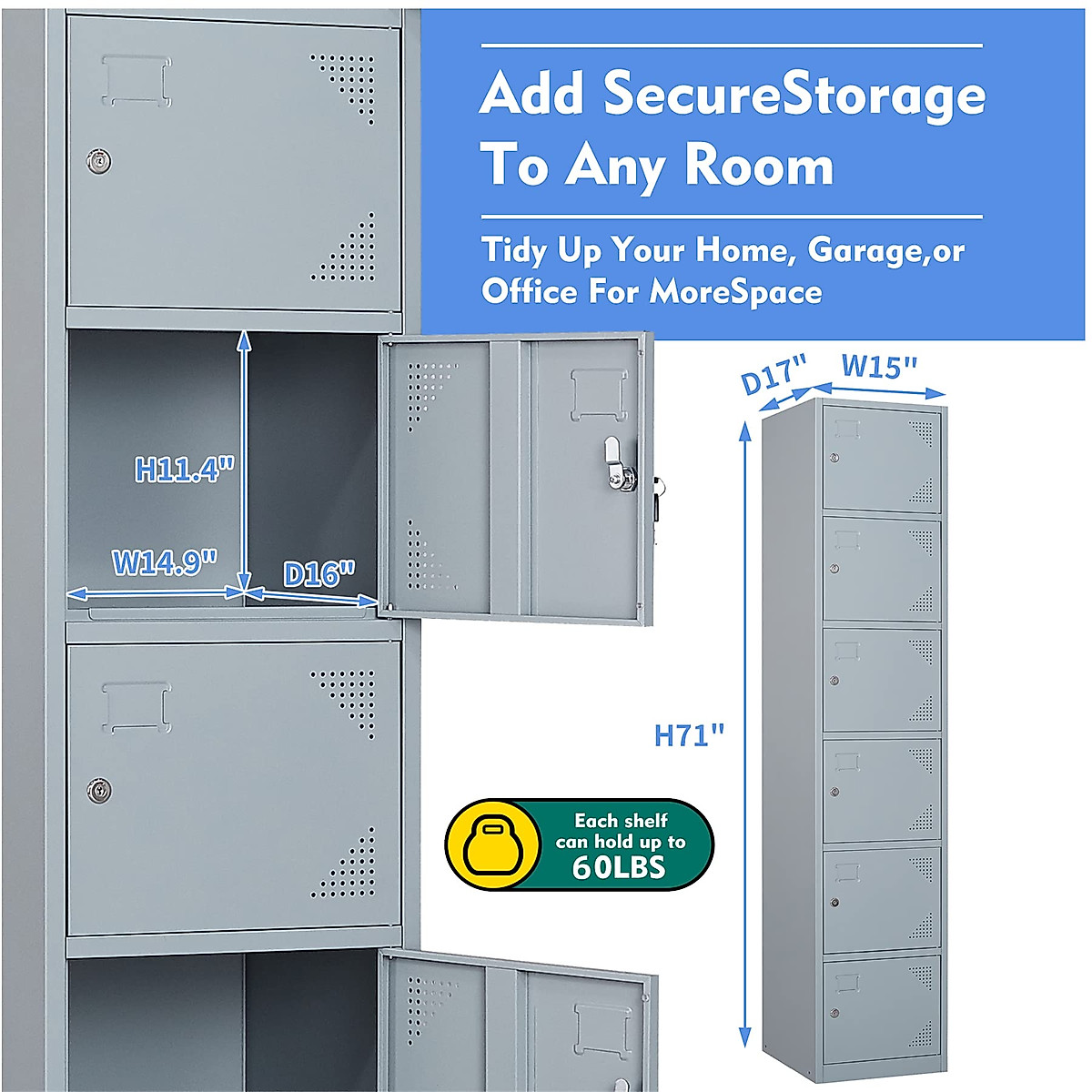 Yizosh Metal Locker with 6 Doors, Tall Steel Storage Lockers for Employees - 71" Locker Storage Cabinets for School, Gym, Home, Office, Garage (Grey)