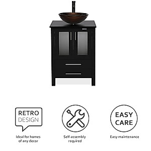 eclife 24" Modern Bathroom Vanity Sink Combo Black Stand Cabinet with Brown Round Tempered Glass Vessel Sink & Water Save Faucet & Pop Up Drain (A09)