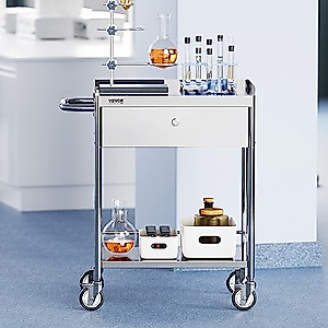 VEVOR Medical Cart, 2-Layer Stainless Steel Cart 220 lbs Weight Capacity, Lab Utility Cart with 360° Silent Wheels and a Drawer for Lab, Clinic, Kitchen, Salon