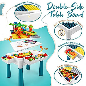 ROGALALY Kids Activity Table Set, All-in-One Multi Activity Table with Storage, 105pcs Building Blocks Table Compatible with Classic Bricks, Craft Learn Play Water Sand Table for Boys Girls