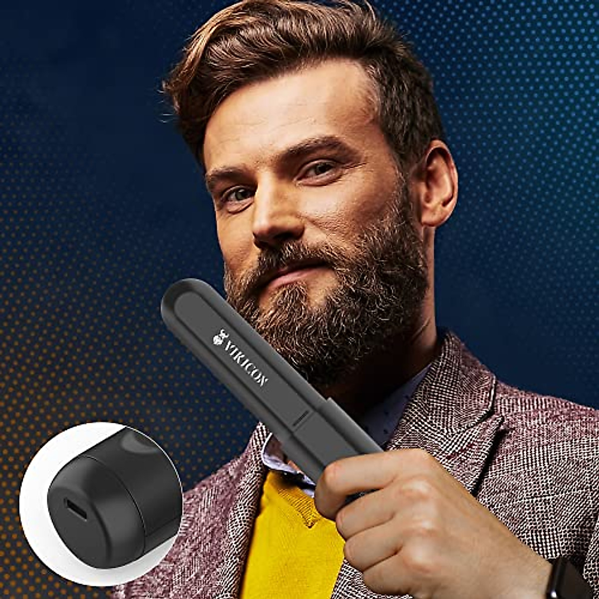 VIKICON Beard Straightening Heat Brush for Men: Cordless Beard and Hair Straightener Hot Comb, Mini & Anti-Scald & Auto Shut Off,Portable for Travel,Unique Gifts for Men