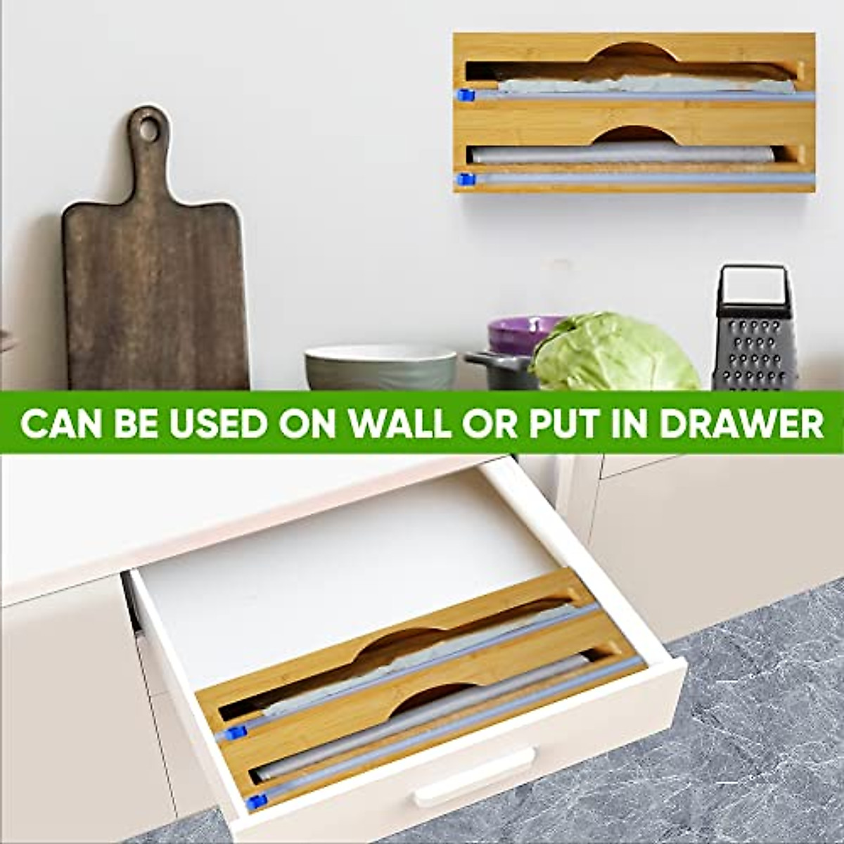 PLANET KITCHEN Extra Wide Foil and Plastic Wrap Organizer and Dispenser with Cutter - Ideal for Aluminum Tin Foil, Parchment Roll, Wax Paper, Saran Wrap, Cling Film - 16.5” x 6” - 2 Tier