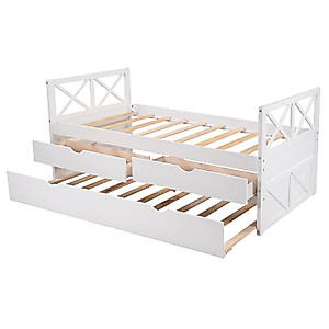 Twin Captain’s Bed, Wood Storage Daybed with Trundle and Drawers, Wooden Platform Bed with Storage for Kids Teens and Adults, White