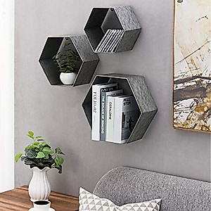 MyGift Wall Mounted Geometric Hexagon Hanging Shelf Design Rustic Galvanized Silver Metal Floating Shelves with Mesh Backing, Set of 3