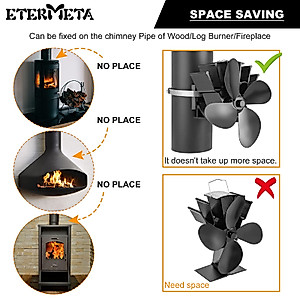 Wood Stove Fan, Heat Powered 4 Blades Hanging Stove Fan, Silent Flue Pipe Hanging Fireplace Fan with Stove Thermometer for Wood/Log Burner/Fireplace, Eco Friendly Efficiently Fireplace Fan, Black