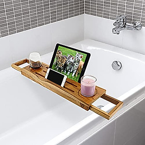 EcoFives Teak Bathtub Tray Caddy - Expandable Bath Tray - Adjustable Organizer Tray for Bathroom - Luxury Bath Caddy Tub Table, Bathtub Accessories & Bathroom Gadgets