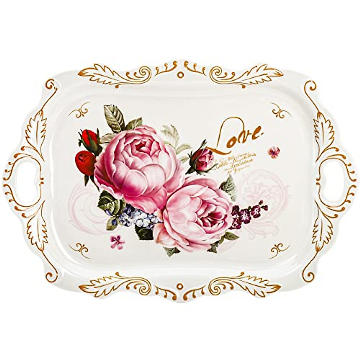 DEAYOU 3-Pack Melamine Serving Tray, Stackable Food Tray with Handles for Eating, Unbreakable Large Serving Platter with Floral Print for Gift, Party, Decor, Home, Restaurant, 16"L x 11"W, Rectangle