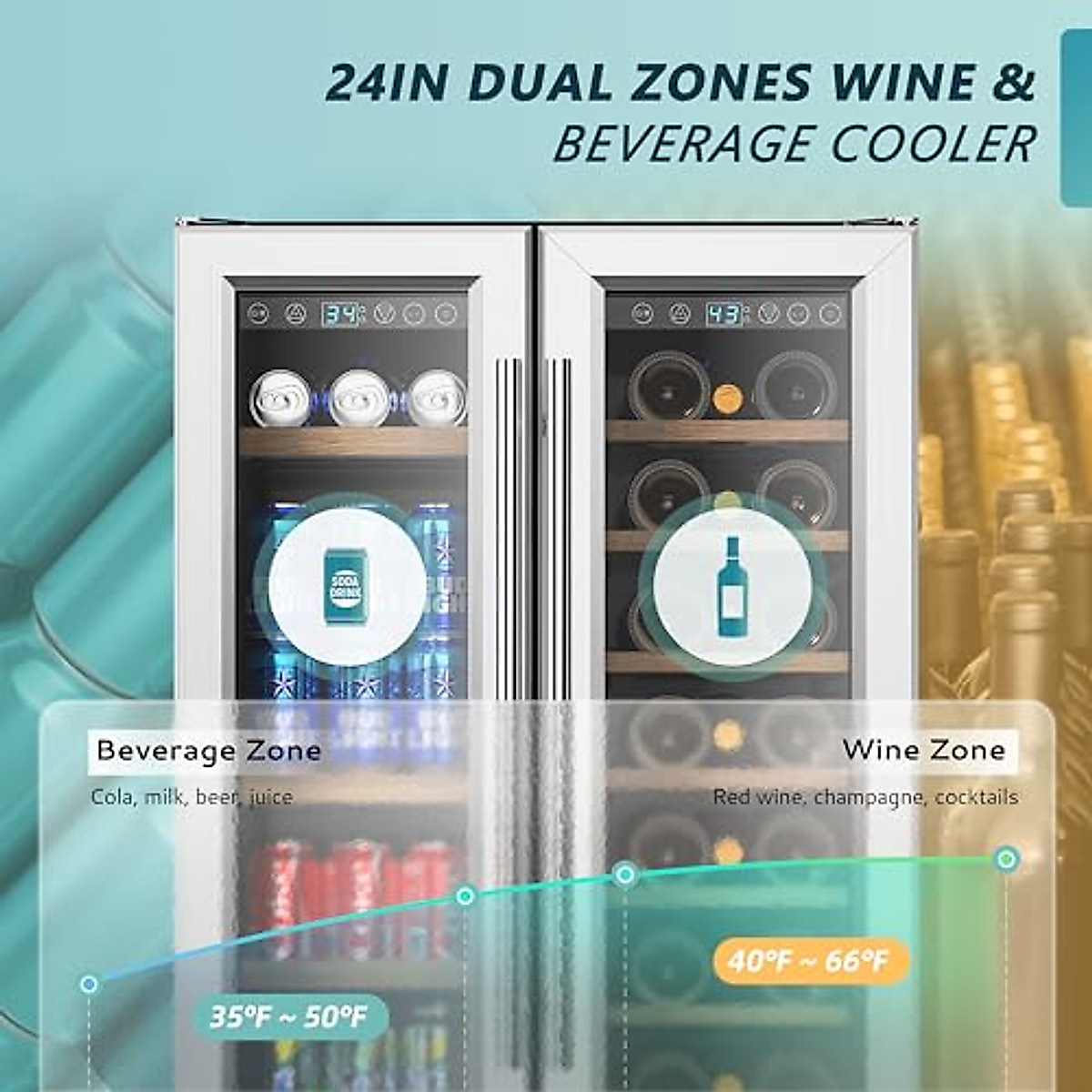 EUHOMY Wine and Beverage Refrigerator, 24 Inch Dual Zone Wine Cooler with Glass Door Hold 21 Bottles and 88 Cans, Built in or Under Counter Wine Fridge with Blue LED Light