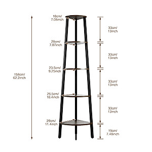 Corner Shelf Stand,5-Tier Corner Bookshelf Storage Standing Unit with Metal Frame,Corner Bookcase Plant Stand for Living Room,Bathroom,Home Office,Bedroom,Rustic Brown