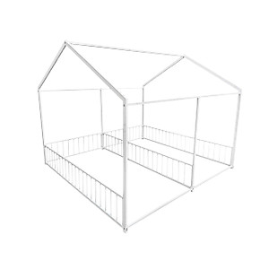 PVWIIK Double Montessori Floor Bed with Fence & Roof for Two Kids Teens Boys Girls,Twin Floor Bed,Easy Assemble,No Box Spring Needed, White
