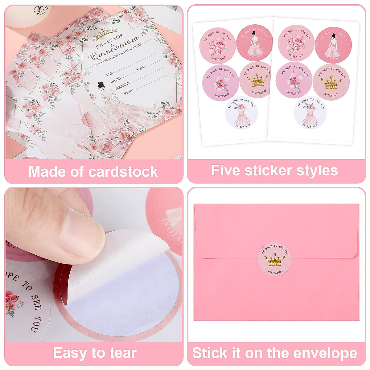 24 Sets Quinceanera Invitations Kit Include Quinceanera Invitation Cards with Envelopes and Stickers Crown Princess Rose Quinceanera Card Invitations for Quinceanera Bridal Shower Birthday Invite