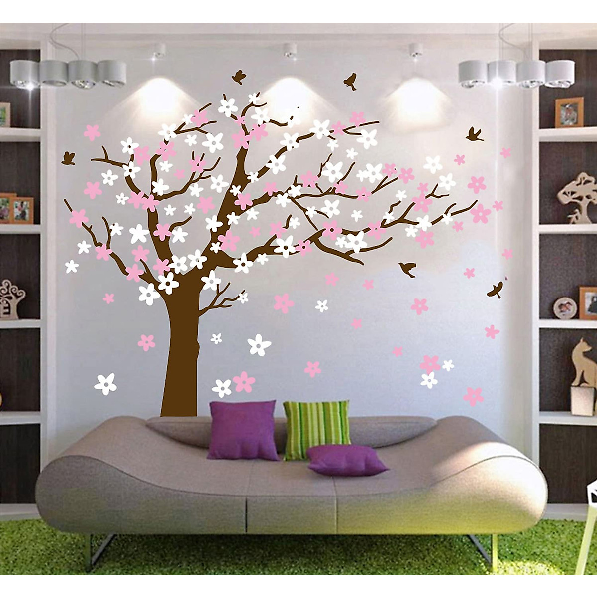 AIYANG Large Cherry Tree Wall Decals White Pink Cherry Blossom Flower Tree Branch Wall Stickers Baby Nursery Bedroom Living Room Decoration (Brown)