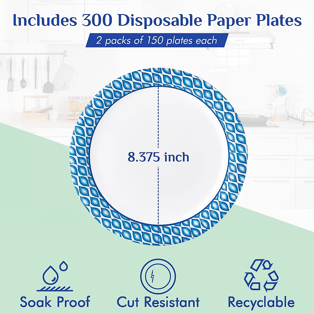 MUCHII 8.375 Inch Disposable Paper Plates, 300 Count Disposable Paper Plates, Soak Proof Paper Plates for Daily Use, Cut Proof Holiday Paper Plates for Family Gatherings, Parties, Picnic And So On