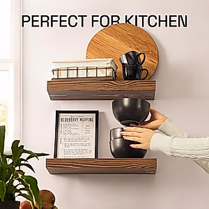 BAOBAB WORKSHOP Wood Floating Shelves 16 inch - Bathroom Shelves for Room Wall Mount - Wide Wooden Wall Shelves for Bedroom Kitchen Living Room - Walnut - 16D x 6.7W Inch, Set of 2