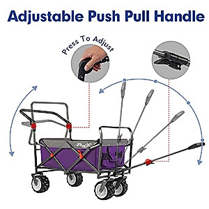 Push Pull Beach Wagon with Big Wheels, All Terrain Heavy Duty Grocery Cart Utility Collapsible Wagon for Outdoor Garden Picnic Beach Sports Camping, Purple