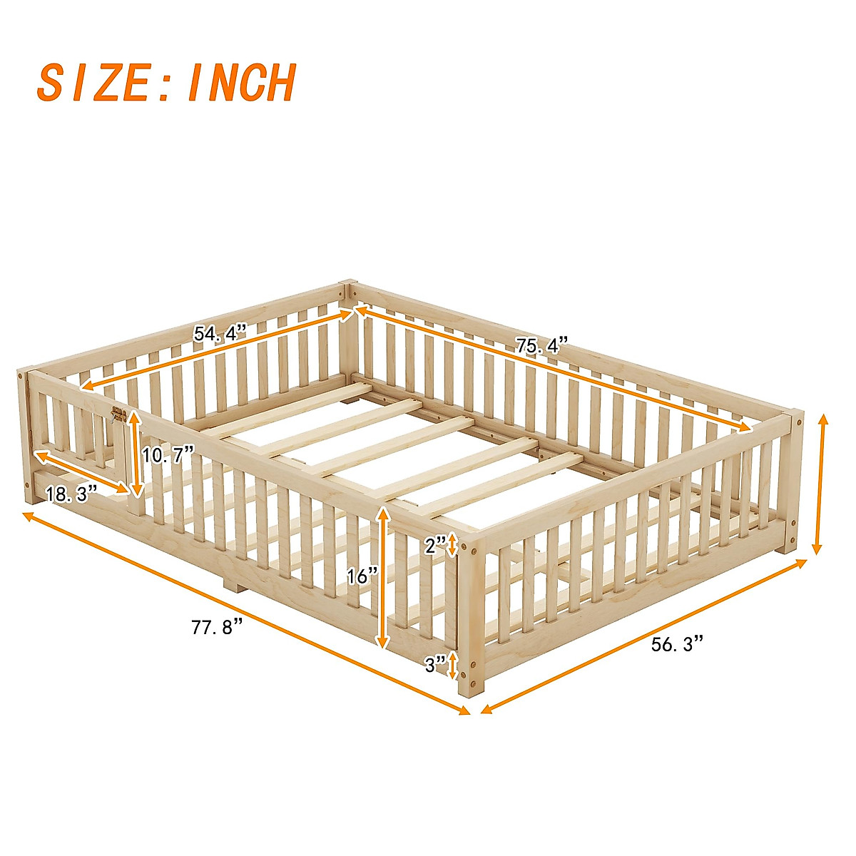 DNYN Full Size Floor Bed for Kids Bedroom,Solid Wood Bedframe w/Door/Safety Guardrails/Wood Slat Support/Easy Assemble/Space Saving Design/No Box Spring Needed, Natural