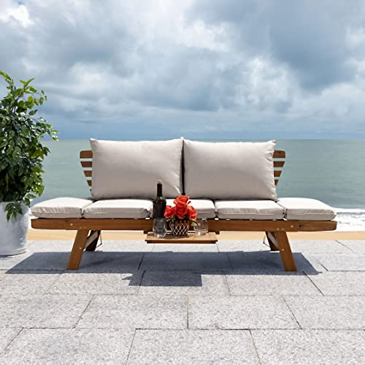 Safavieh PAT7300E Collection Emely Acacia Wood Expandable Loveseat Outdoor Daybed, Natural/Light Grey