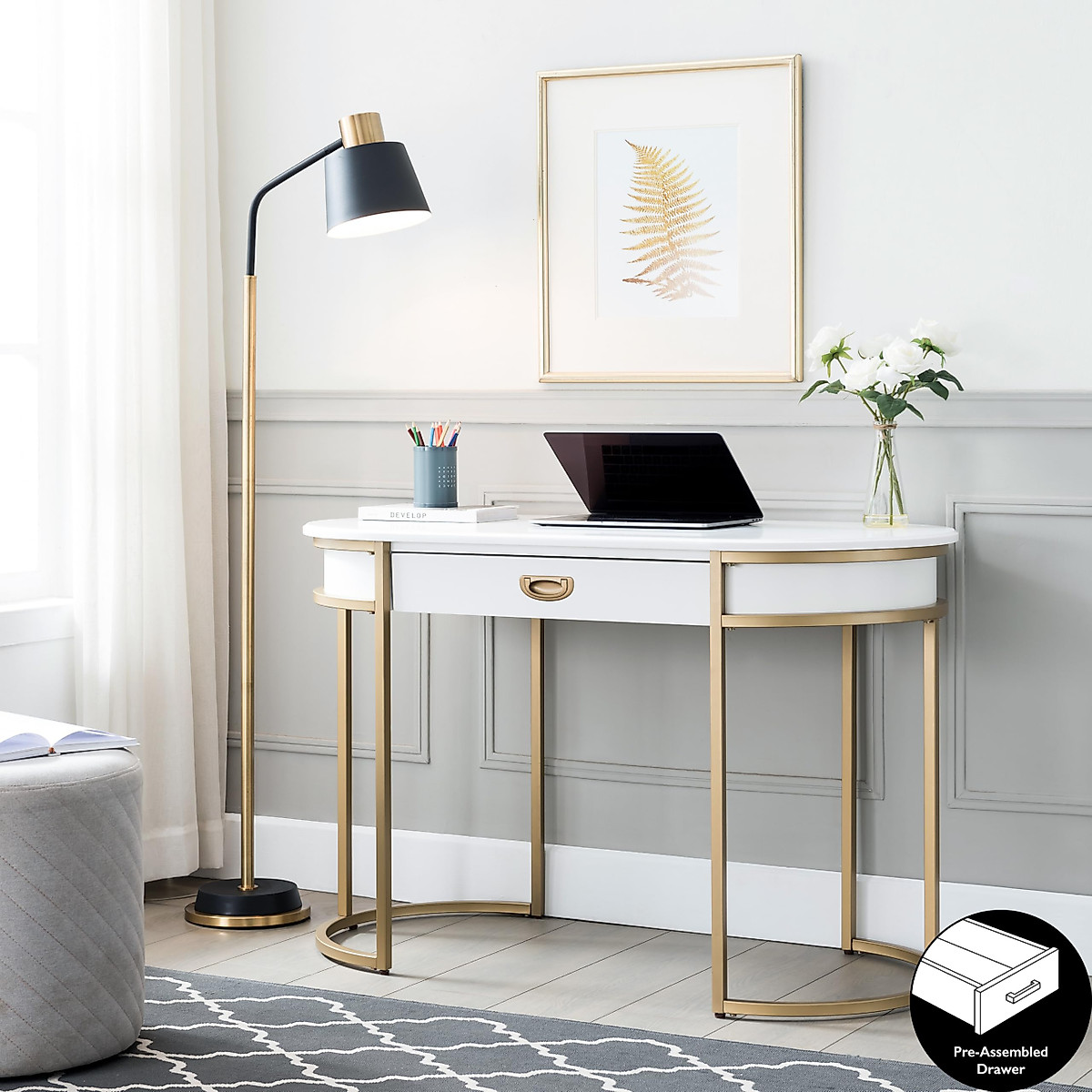 Leick Home 85405 Oval Metal Leg Desk with Drop Front Keyboard Drawer, Cottage White/Gold